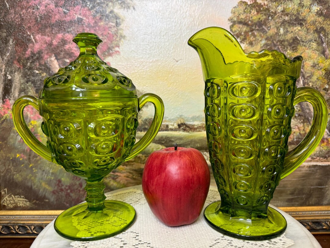 Indiana Glass Green Yesteryear Bullseye Pitcher and Covered Pedestal ...