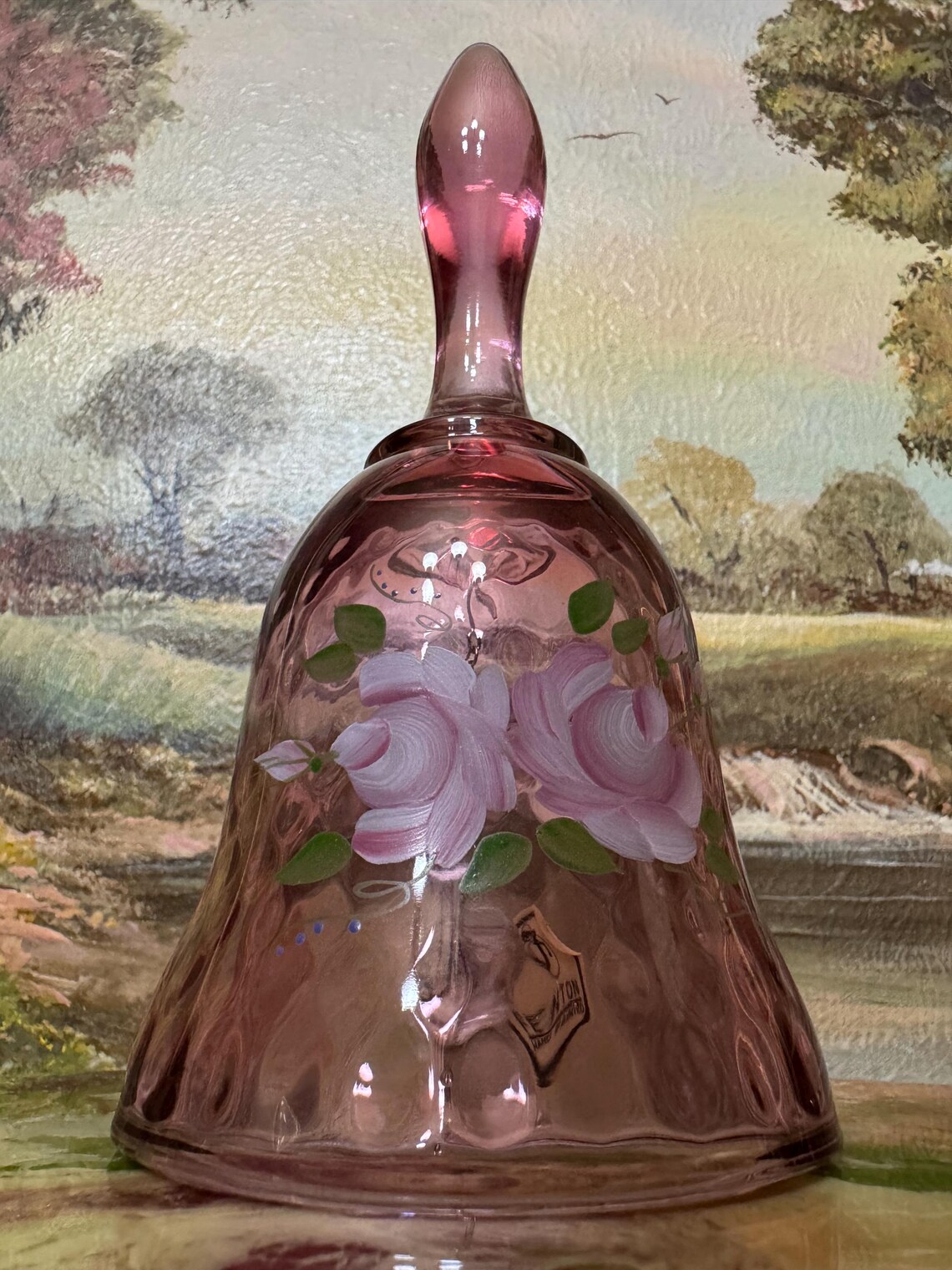Fenton Pink Diamond Optic Glass Bell With Hand-painted Pink Roses and ...