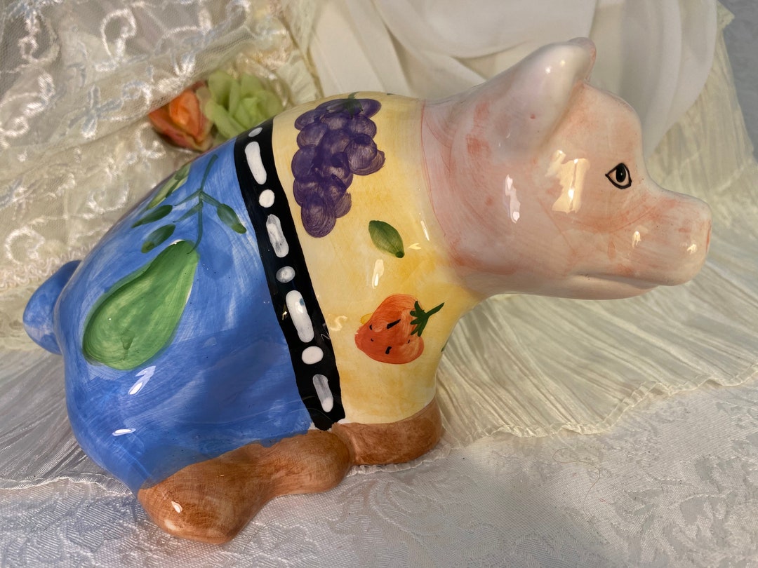 Ceramic Porcelain Sitting Pig Figurine With Hand Painted Fruit Design ...