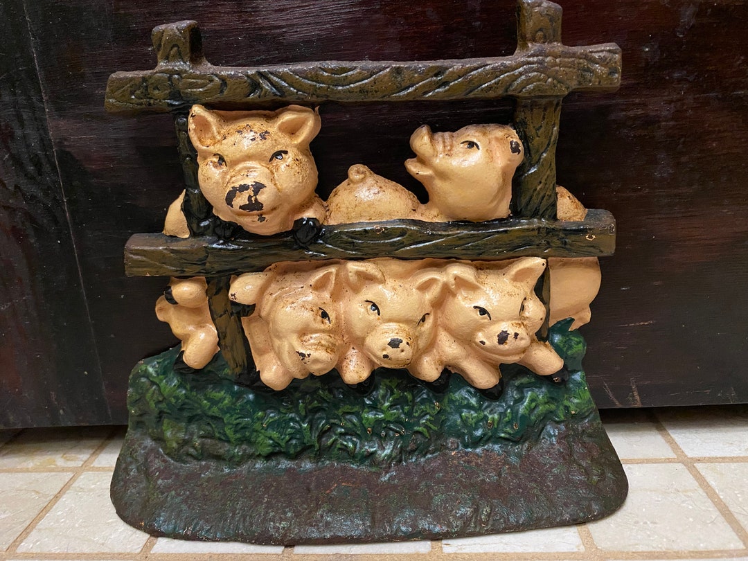 Vintage Cast Iron Door Stop Pigs Behind Fence - Etsy