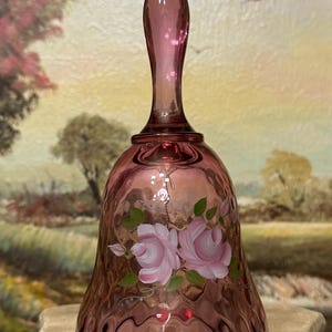 Fenton Pink Diamond Optic Glass Bell With Hand-painted Pink Roses and ...