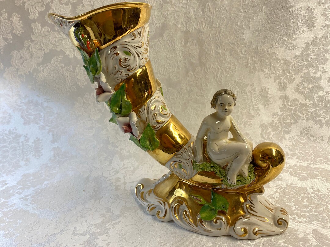 Rococo Italian Art Pottery Putti on Cornucopia With Applied Flowers and ...