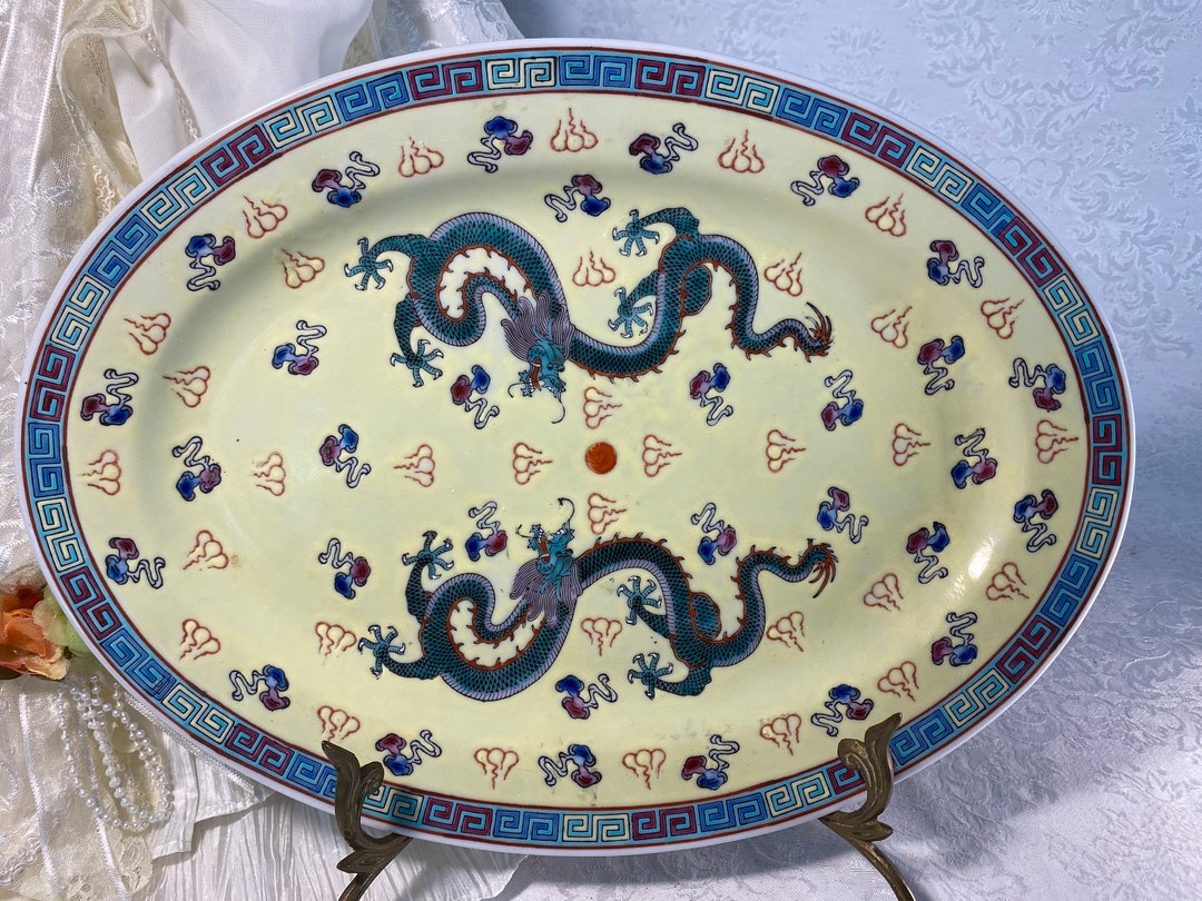 Chinese Dragon 14" Oval Platter With Dragons and Flaming Pearl ...