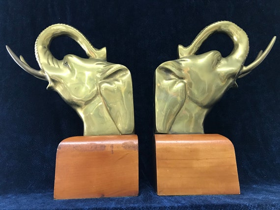 Elephant Head Bookends Brass Heads on Wood Pedestals by Dolbi | Etsy