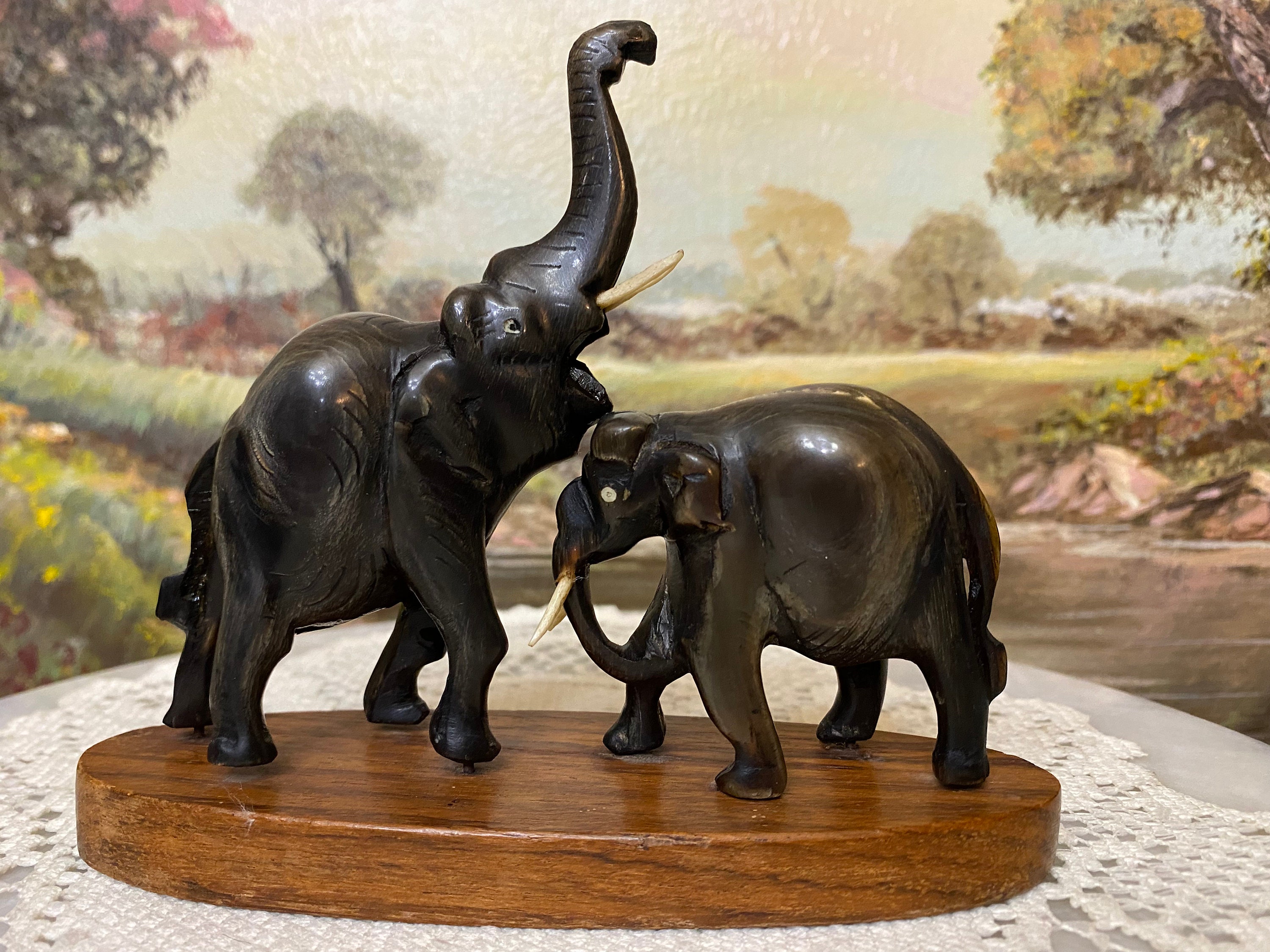 Two Carved Elephants Mounted on Wood Base Made From Water Buffalo Horn ...