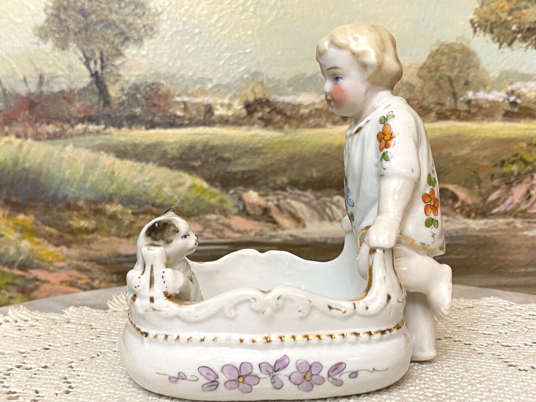 Antique Conta and Boehme Porcelain Figural Boy and Cat Trinket Dish ...