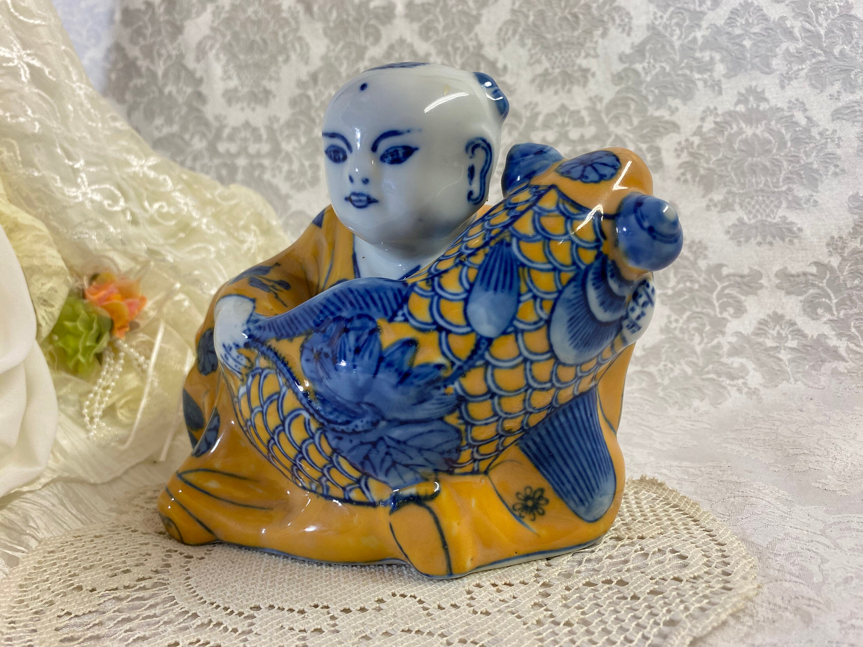 Vintage Porcelain Chinese Man Holding Coy Fish - Etsy