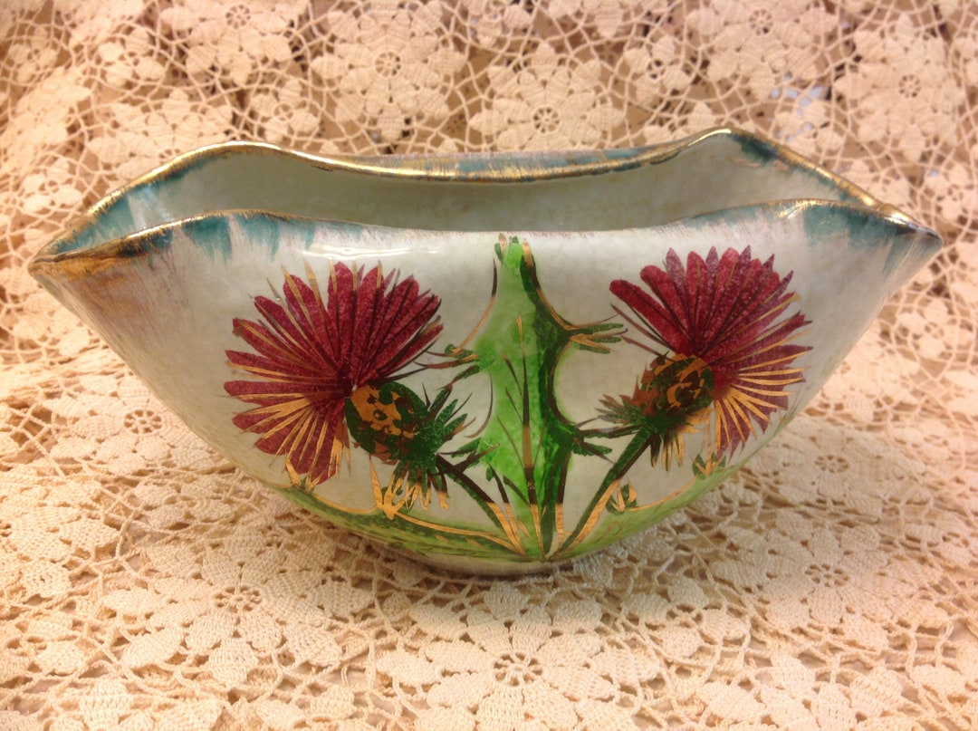 Vintage Italian Redware Bowl Folded and Pinched With Floral Design and ...