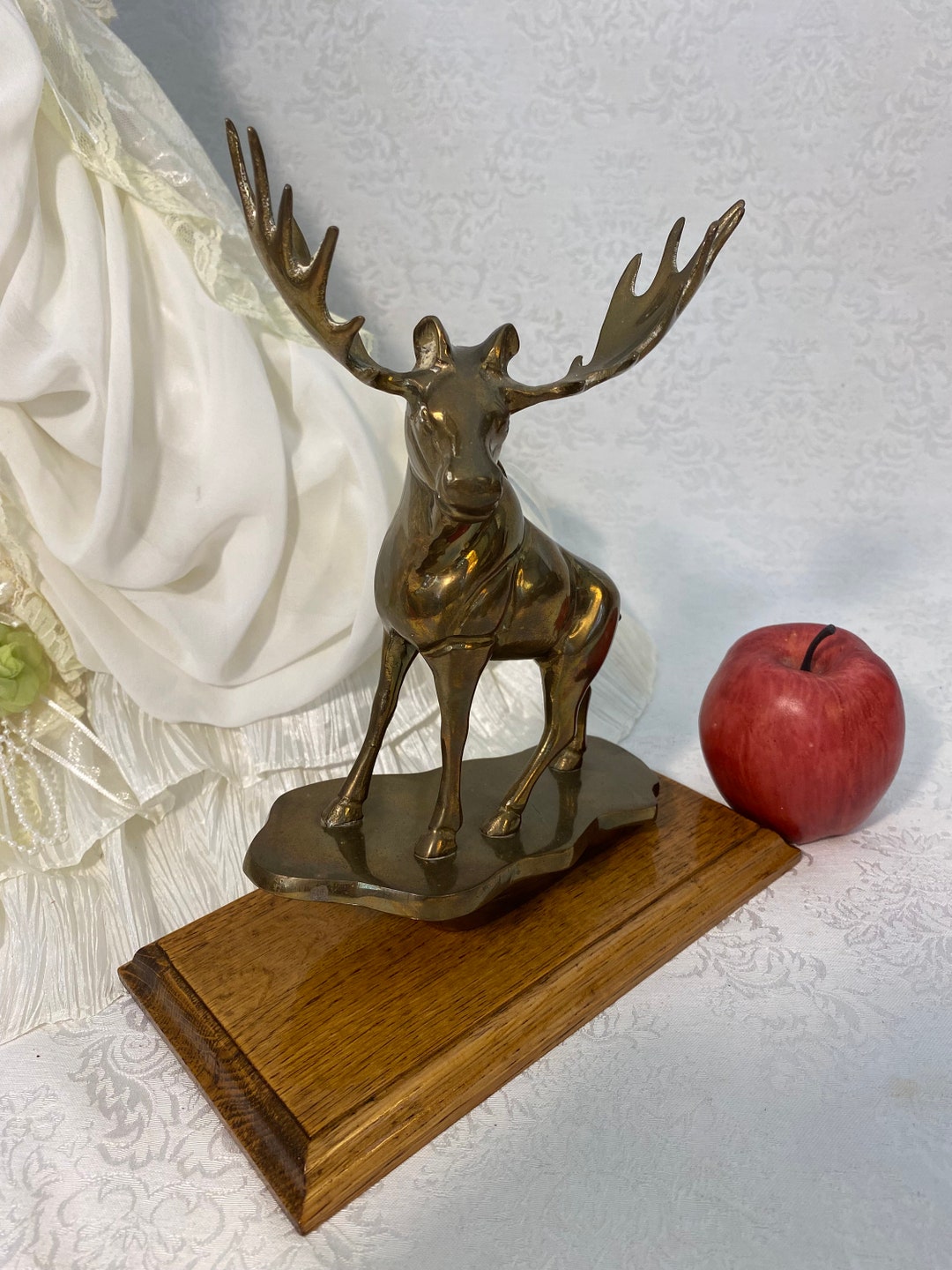 Brass Moose on Pedestal With Wood Base - Etsy