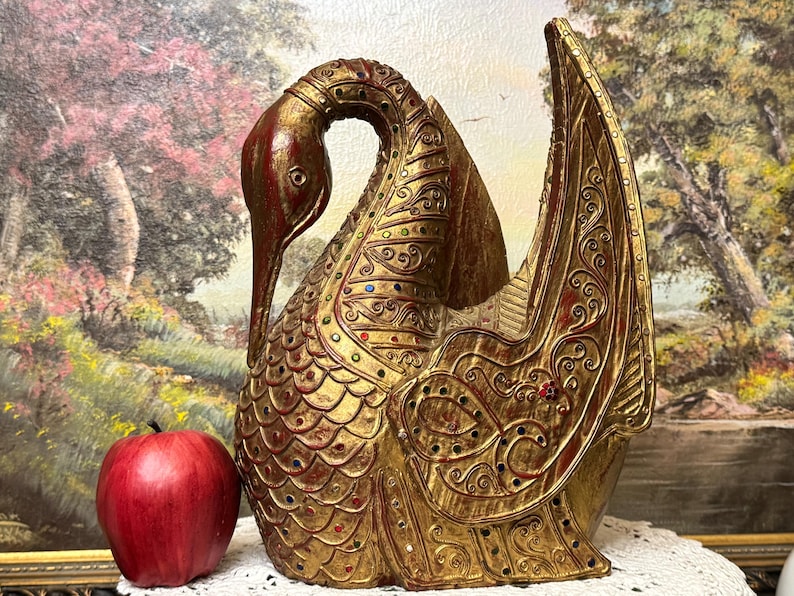 Swan Statue Hand Carved Wood With Applied Rhinestone Jewels - Etsy