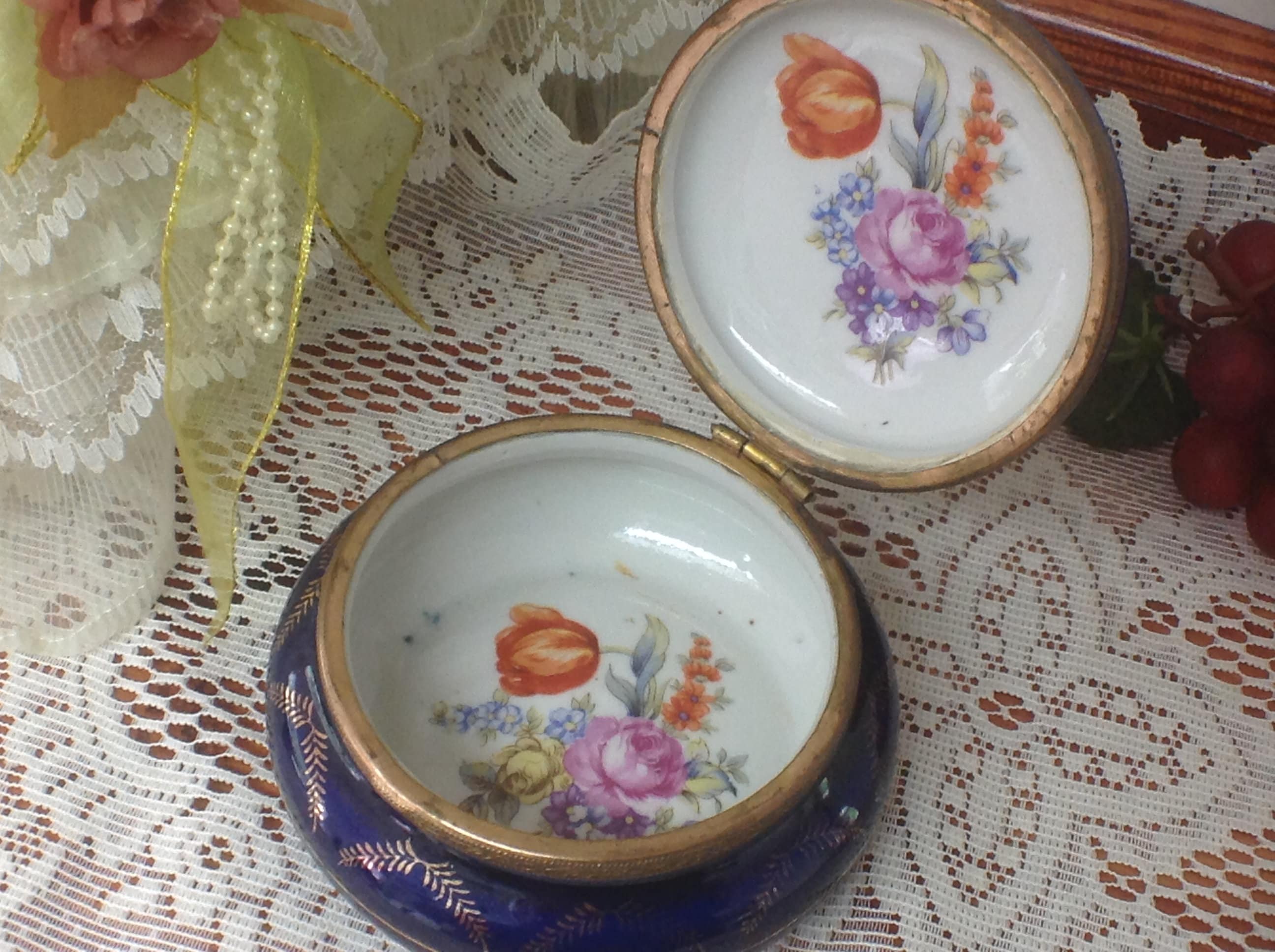 Vintage Porcelain Round Trinket Box With Hinged Lid Cobalt | Etsy