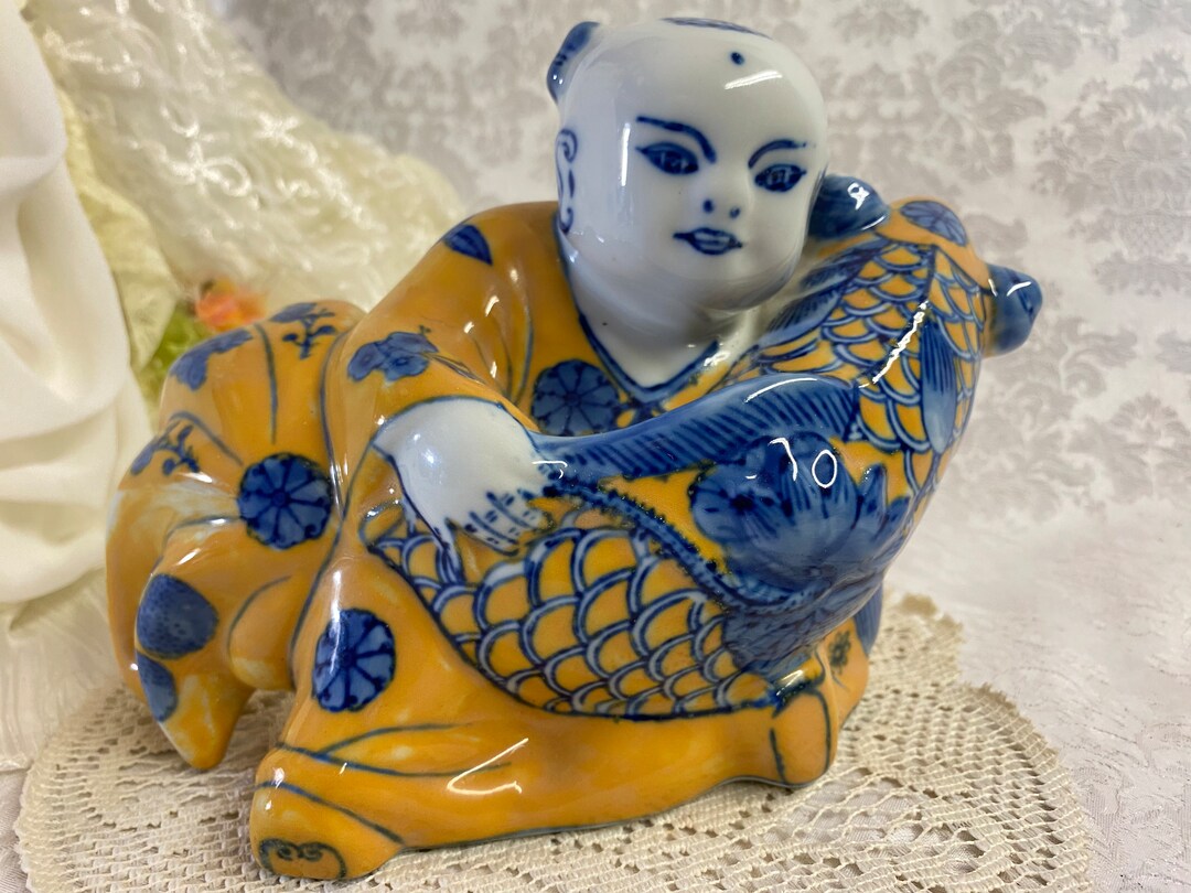 Vintage Porcelain Chinese Man Holding Coy Fish - Etsy