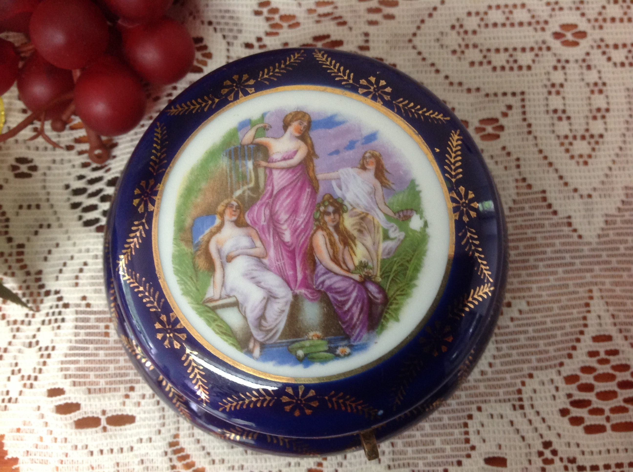 Vintage Porcelain Round Trinket Box With Hinged Lid Cobalt | Etsy