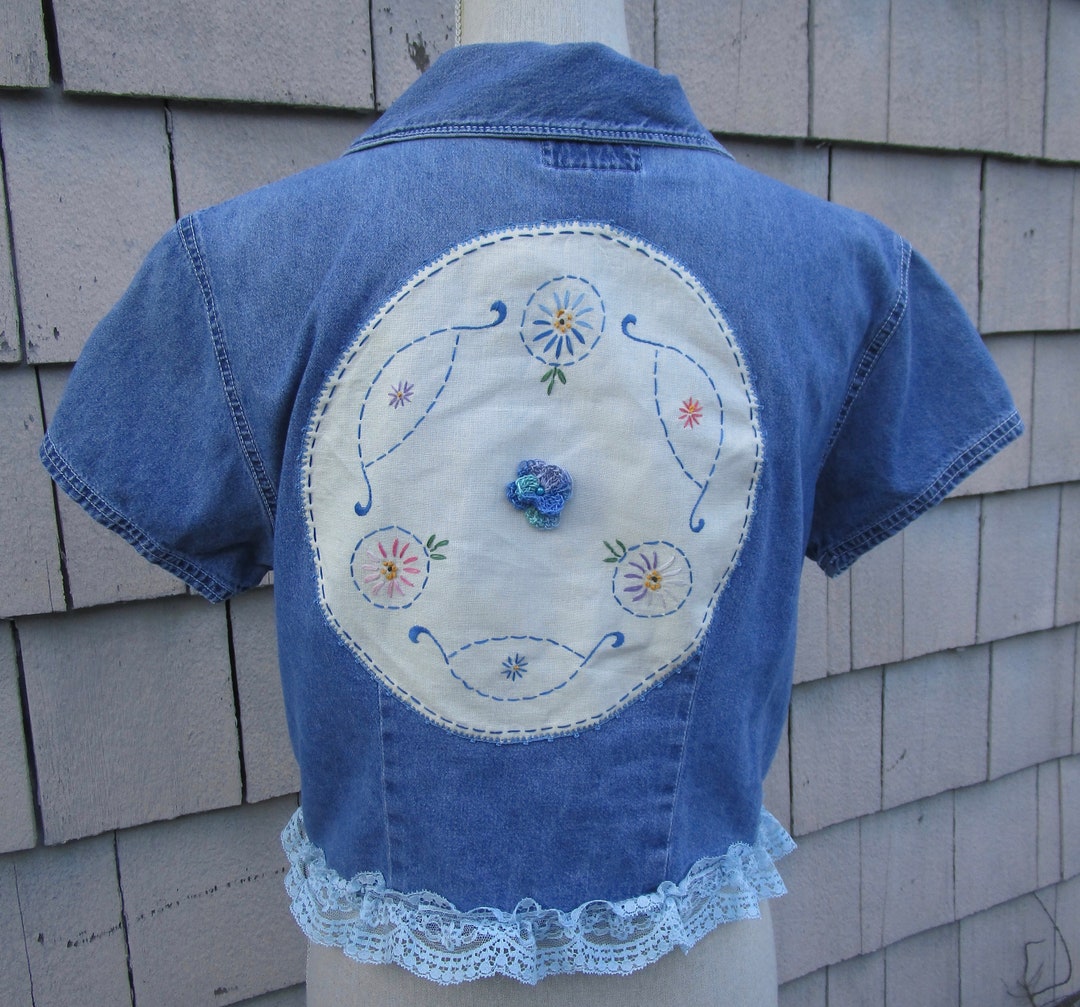 Denim Shirt, Upcycled Denim Shirt, Zip up Denim and Vintage Doily ...