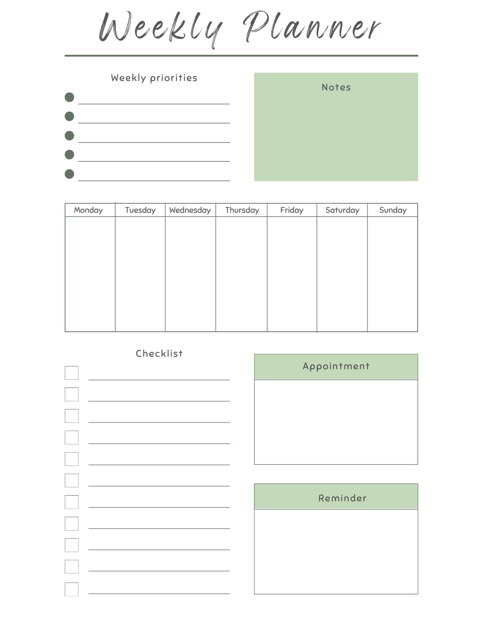 Weekly Planner Printable, Instant Download, Minimalist Green Weekly ...