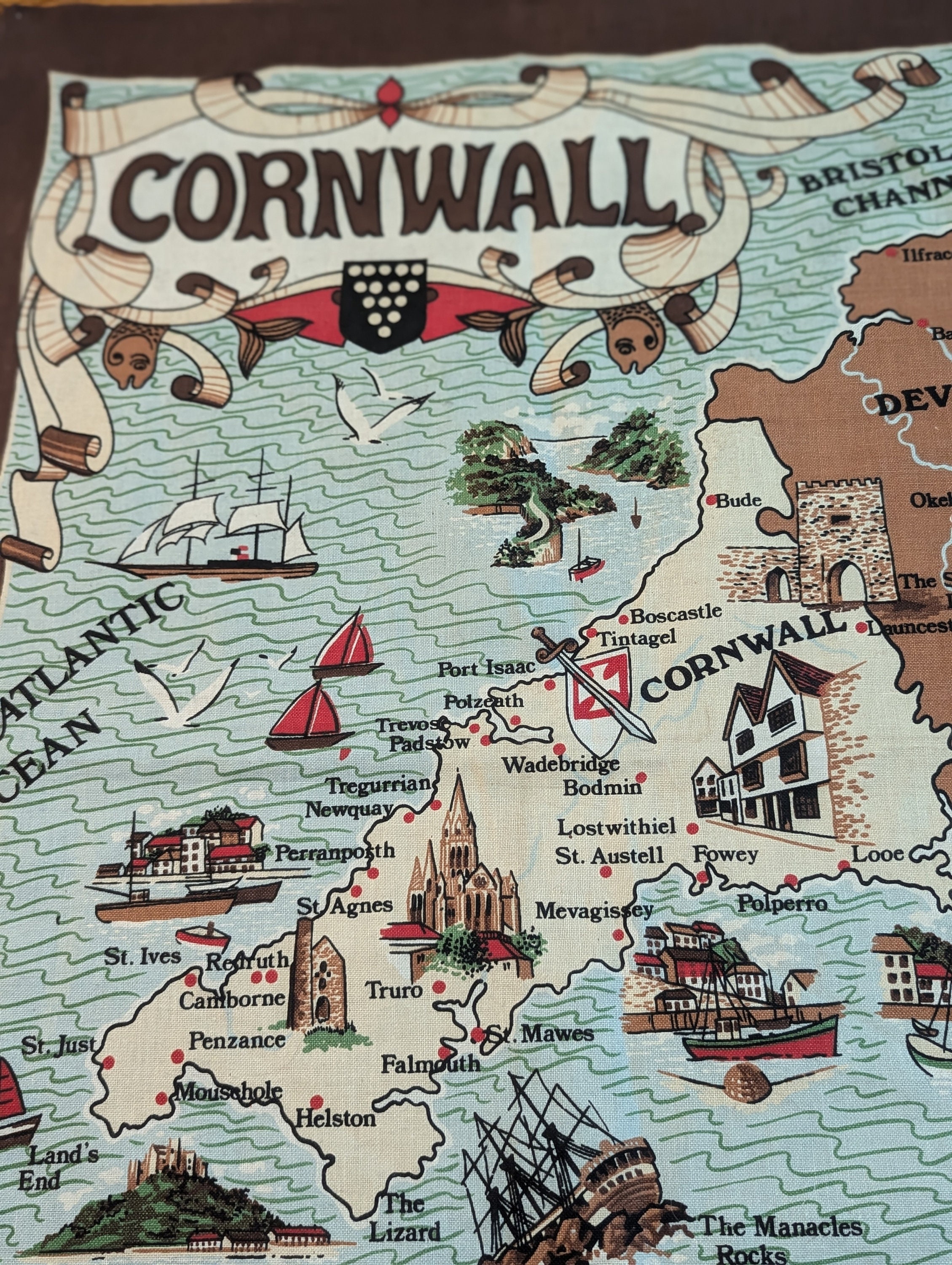 Vintage Cotton Tea Towel - Map / Landmarks Cornwall - Etsy