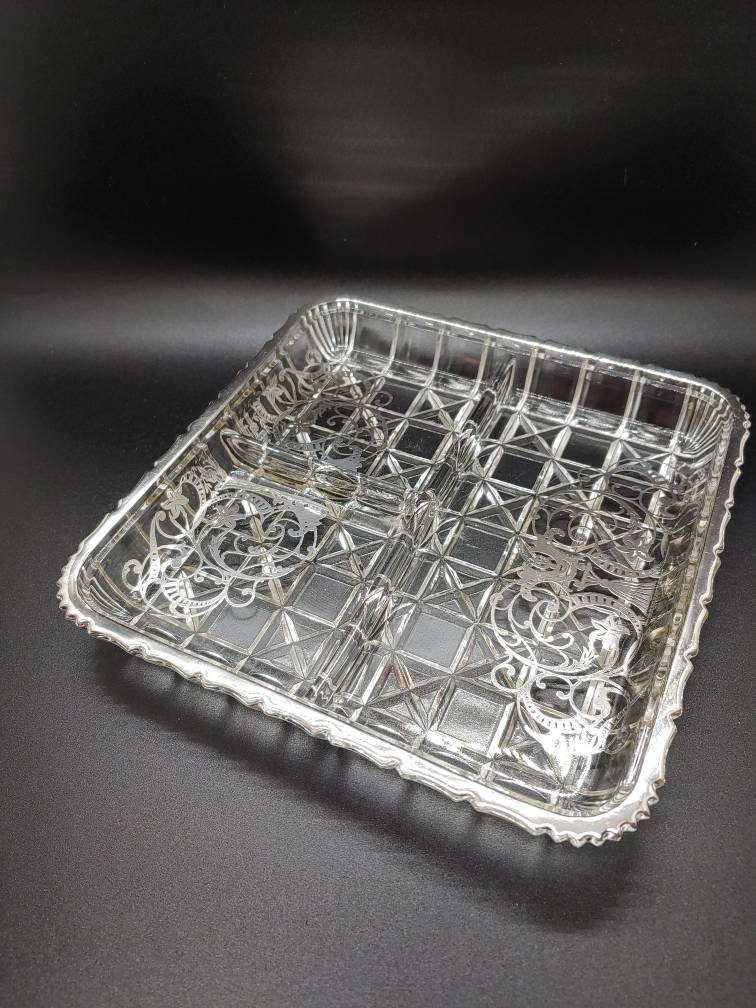 Vintage Square Art Deco Style Divided Glass Dish With Sterling | Etsy