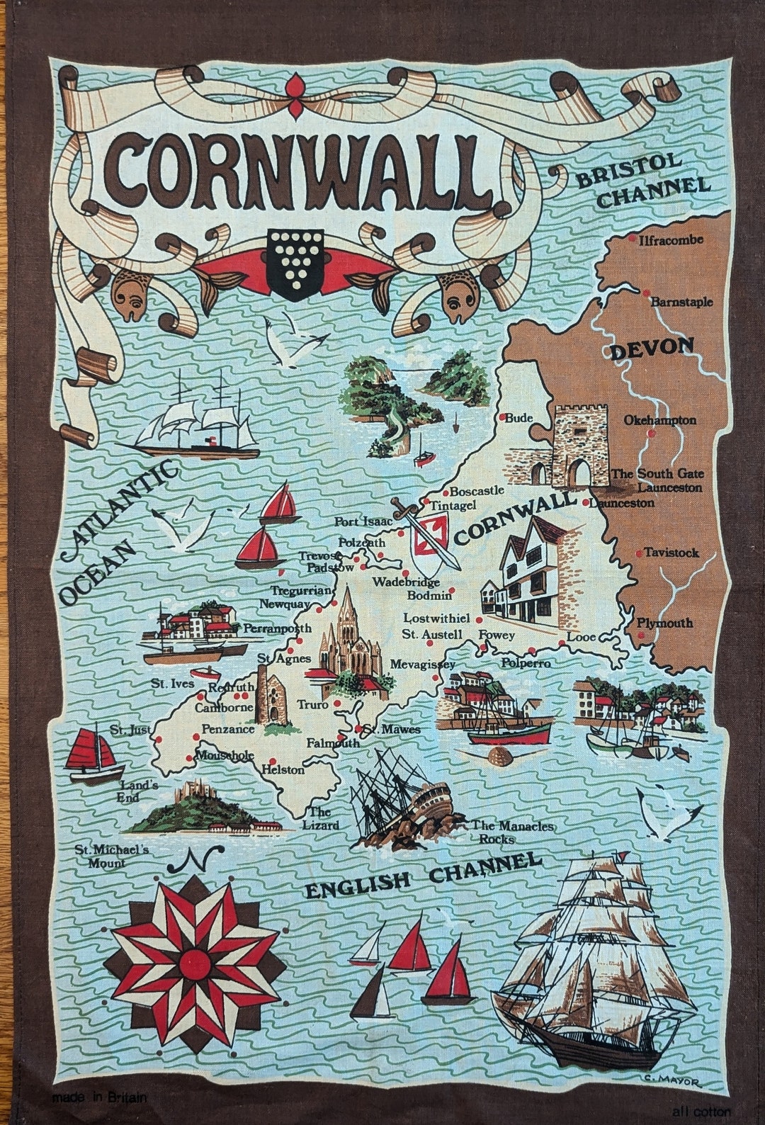 Vintage Cotton Tea Towel - Map / Landmarks Cornwall - Etsy