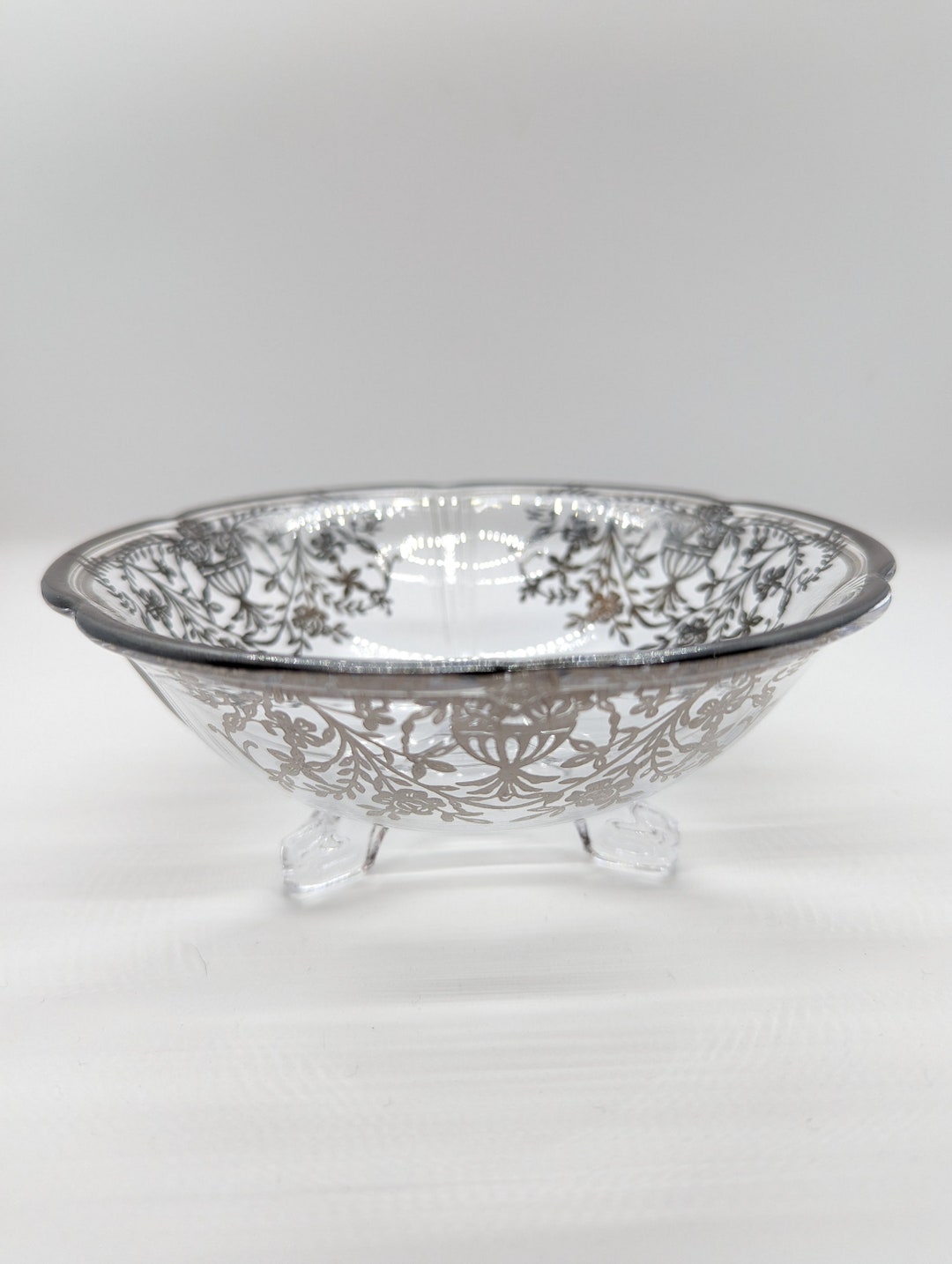 Vintage Round Glass Dish With Sterling Silver Overlay With Three ...