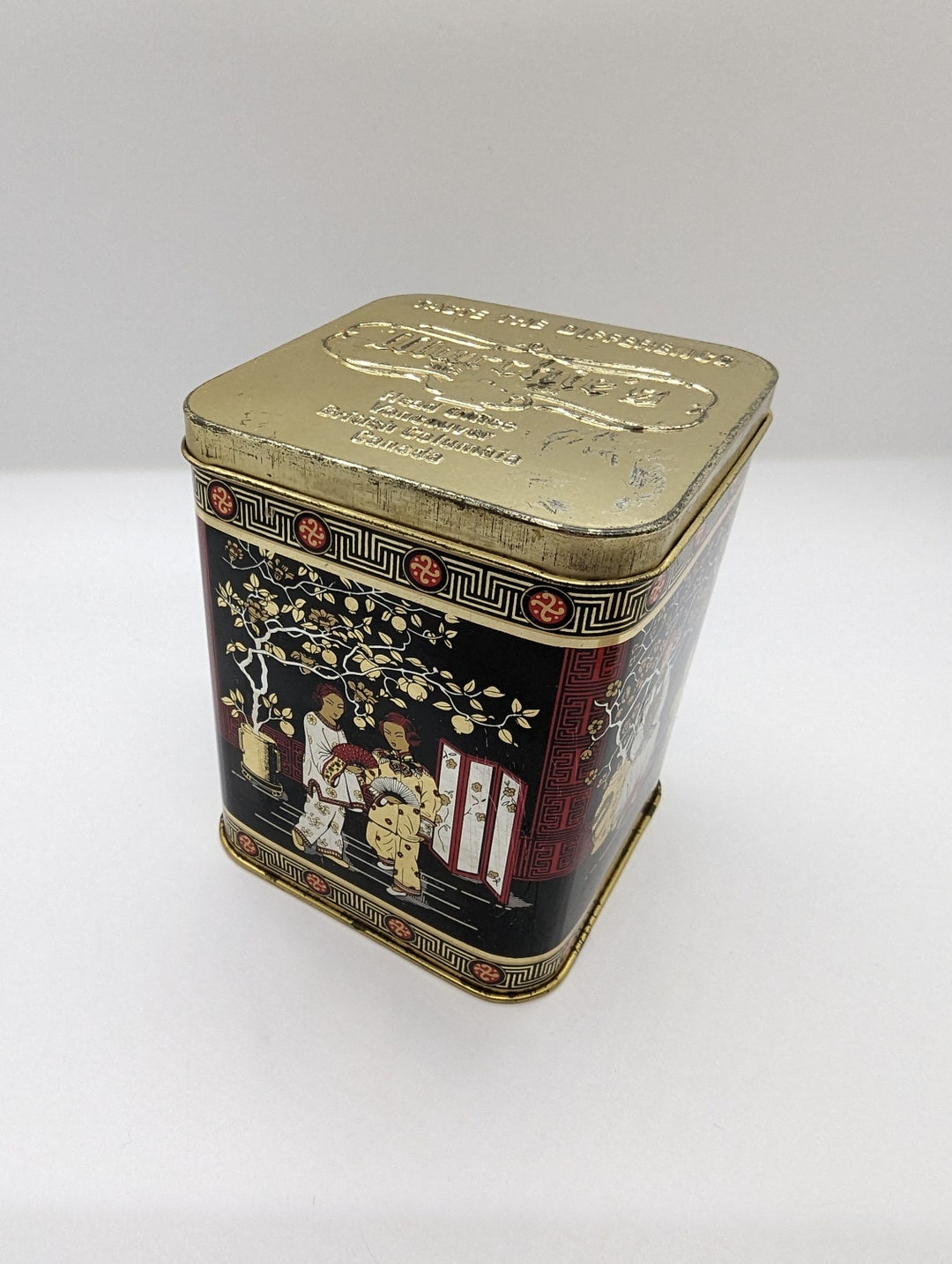 Tea Tin Vintage, 70s Tea Tin, Asian Art Tin - Litho Tins, Gold Red ...