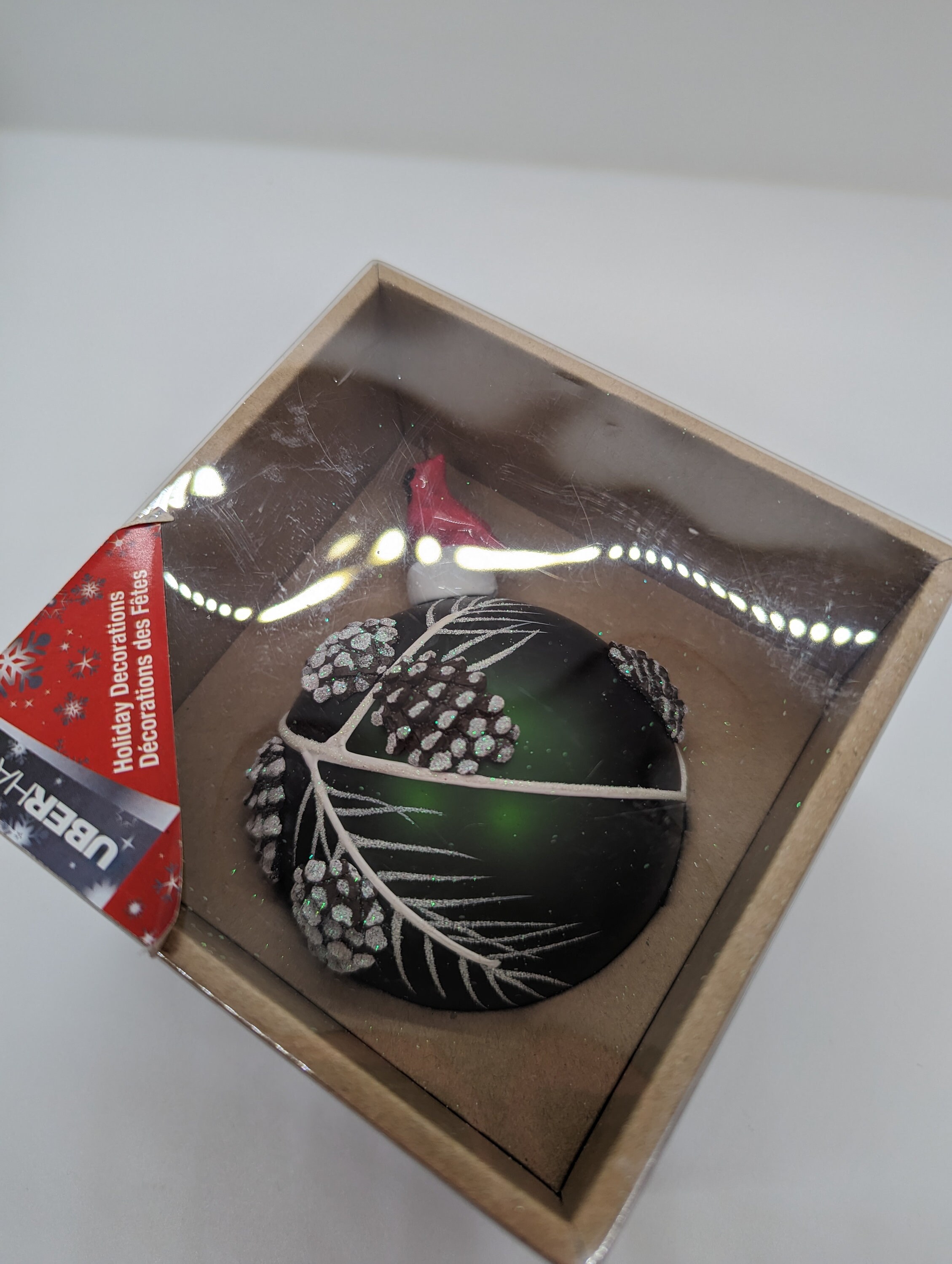 Uberhaus Boxed Glass Ornament - Dark Green With Pinecones in Raised ...