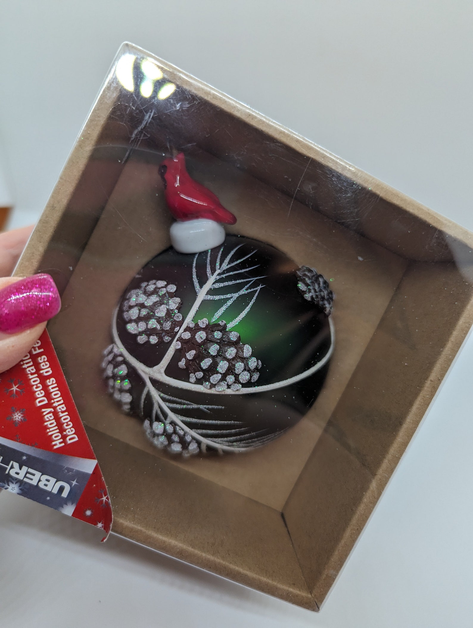 Uberhaus Boxed Glass Ornament - Dark Green With Pinecones in Raised ...