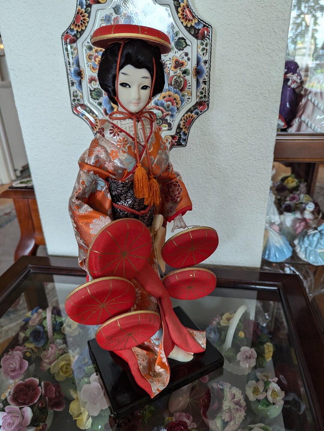 Large 15" Japanese Geisha Doll With Hats in Orange Kimono - Etsy