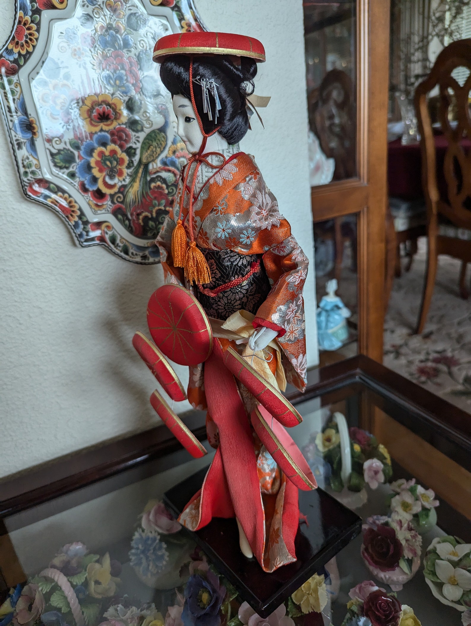 Large 15" Japanese Geisha Doll With Hats in Orange Kimono - Etsy