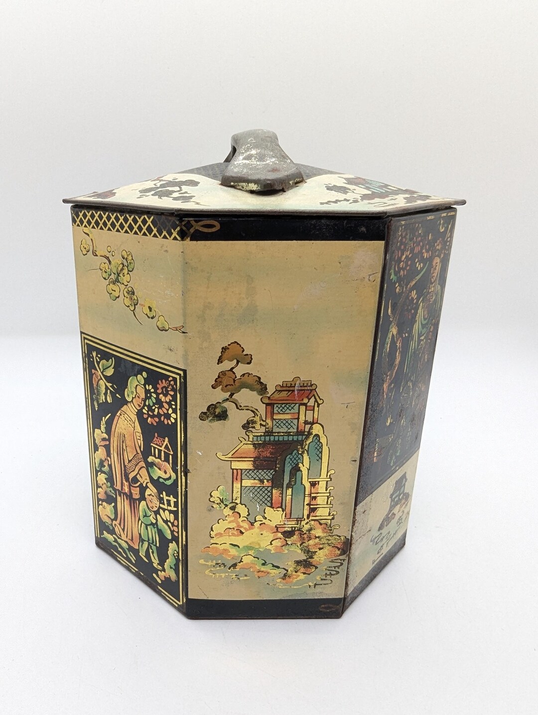 Vintage Black and Gold Oriental Candy Tin /tea Tin - Asian Art Tin ...