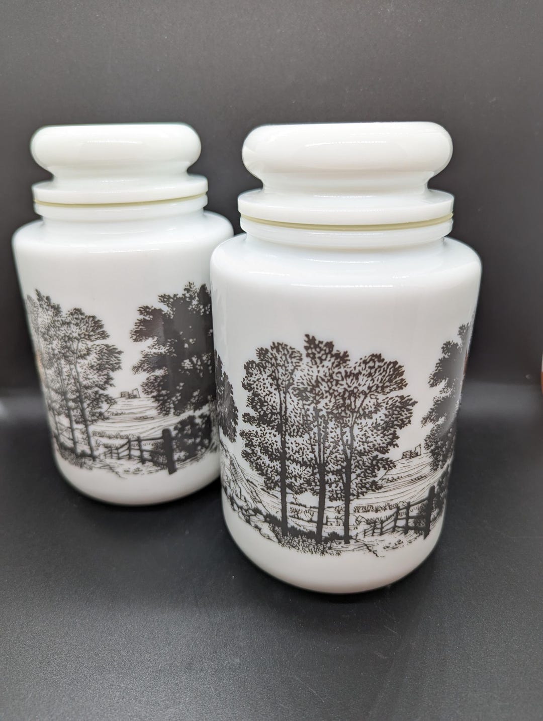 Vintage Milk Glass Kitchen Canisters With Black Silhouette Country ...