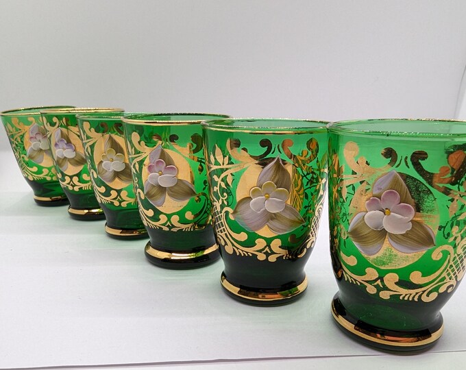 Vintage Venetian Emerald Green Liqueur Glasses With Elaborate Gold- Set ...
