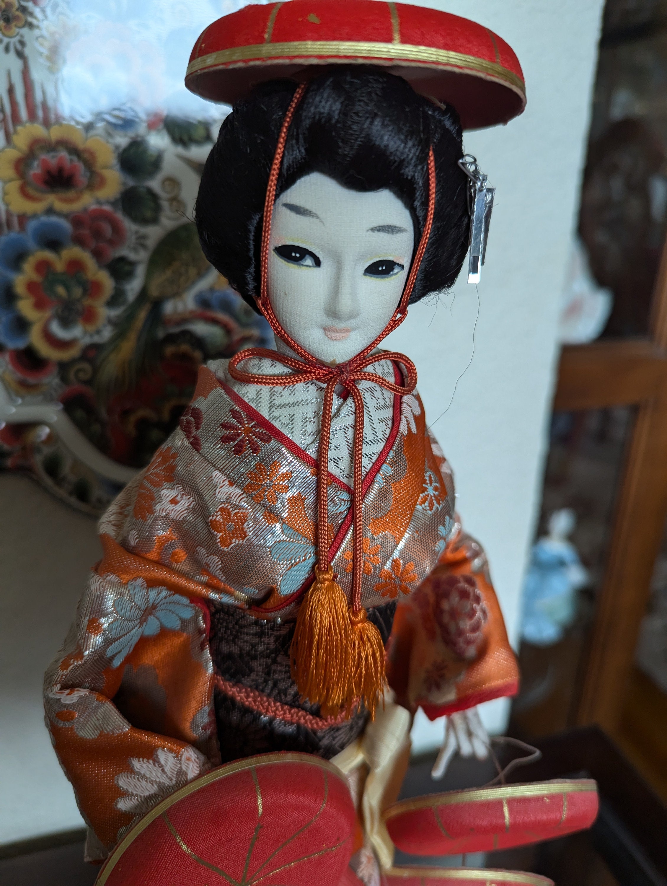 Large 15" Japanese Geisha Doll With Hats in Orange Kimono - Etsy