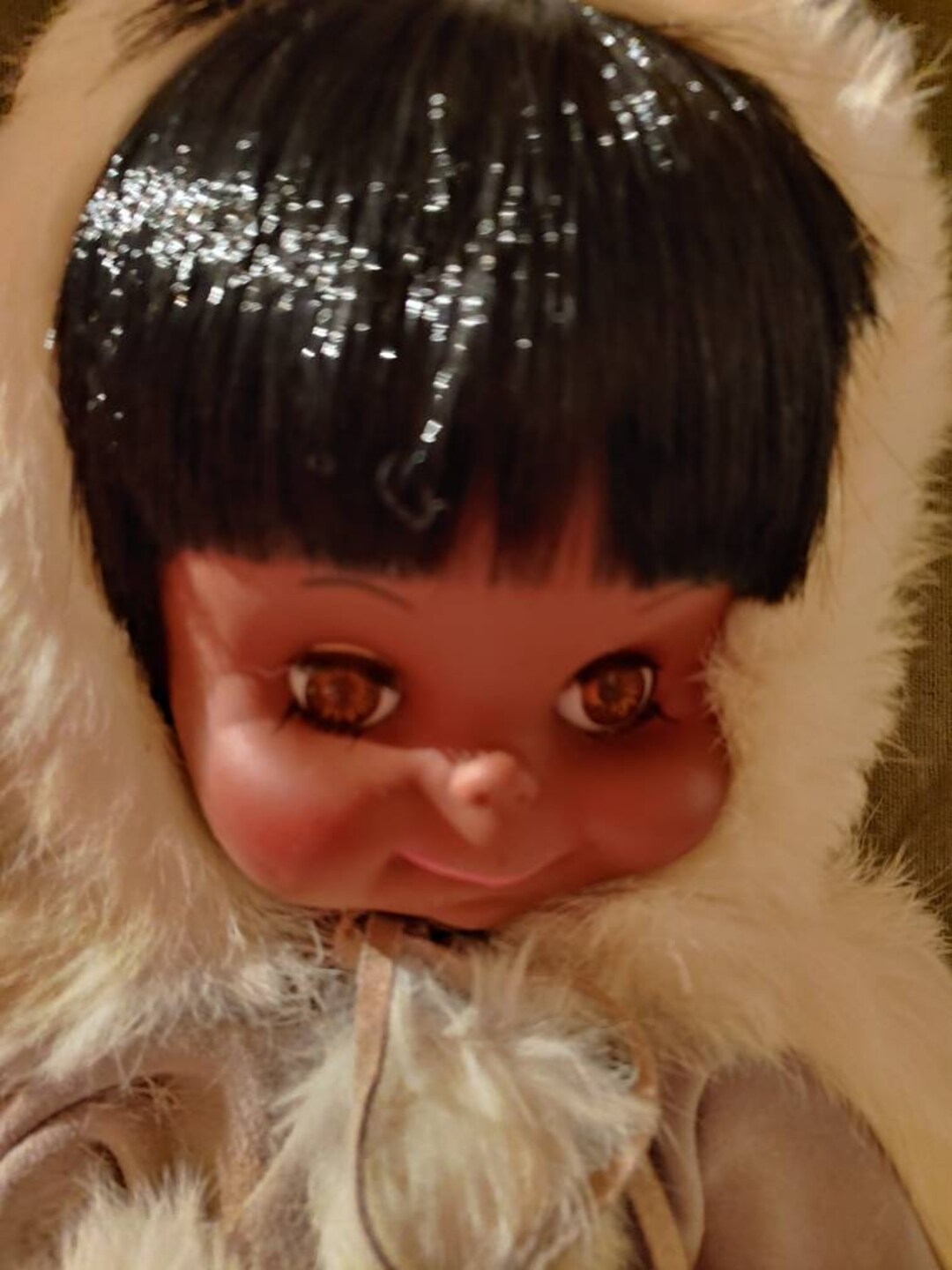 Vintage Jolly Toy Co., 1965 Inuit Doll in Leather Hooded Cape, Tunic ...