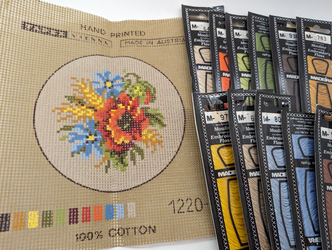 Vintage TAPEX VIENNA Floral Hand Printed Needlepoint Canvas, 12 Skeins ...