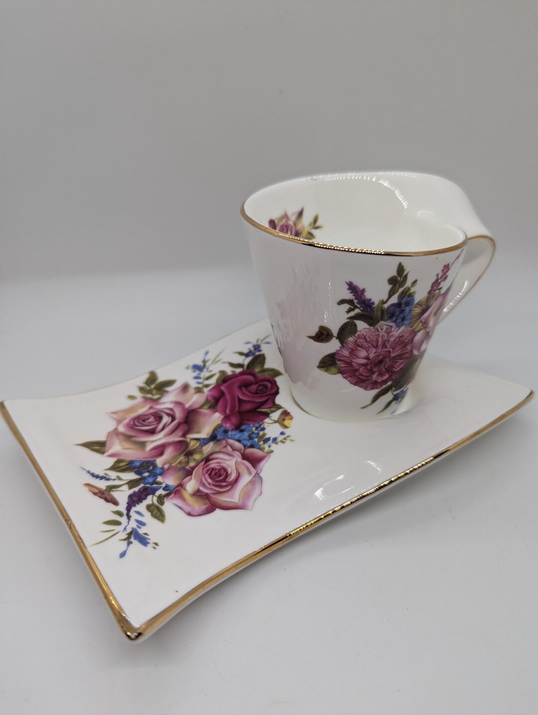 Teaopia Teacup and Saucer With Pink Roses and Posies - Wave Handle ...