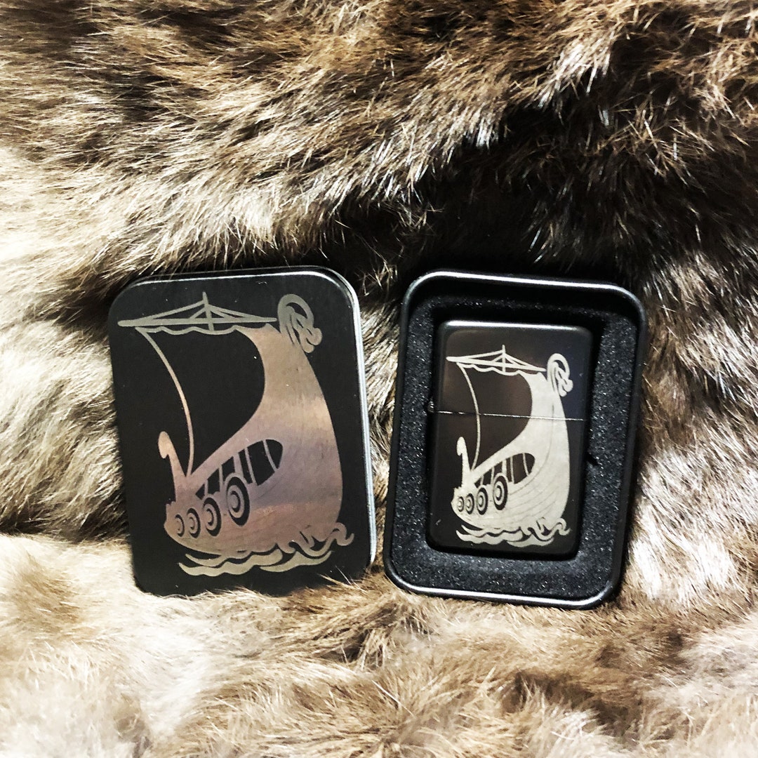 Engraved Flip Lighter & Case Viking Longboat, Matte Black Stainless ...