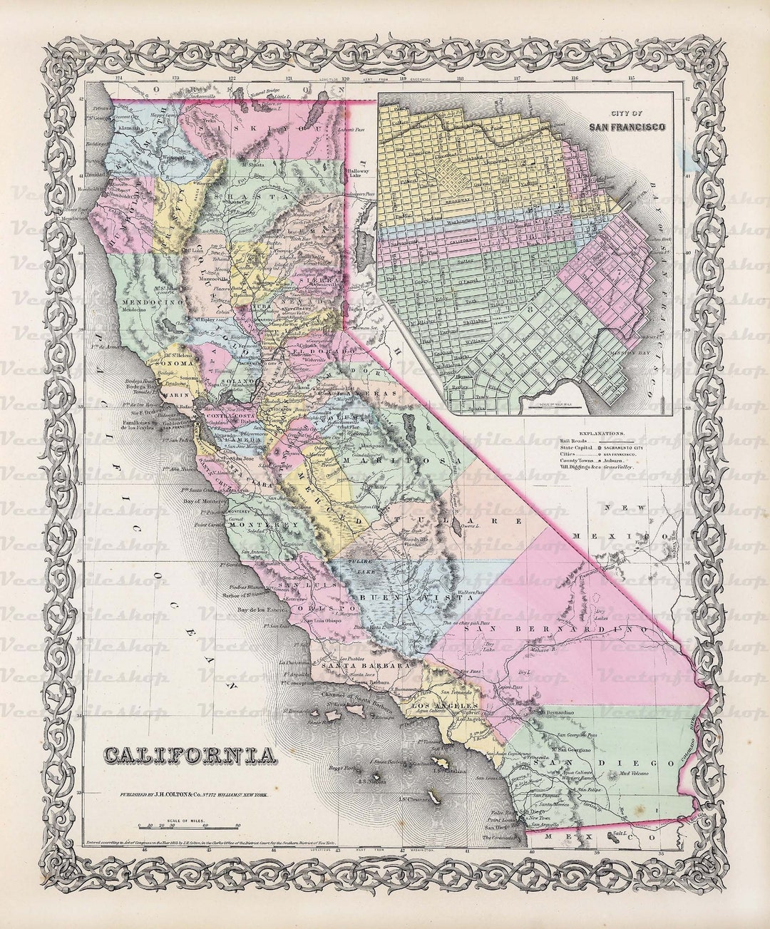 California Antique Map, Vintage Map of California From 1857, Map Wall ...