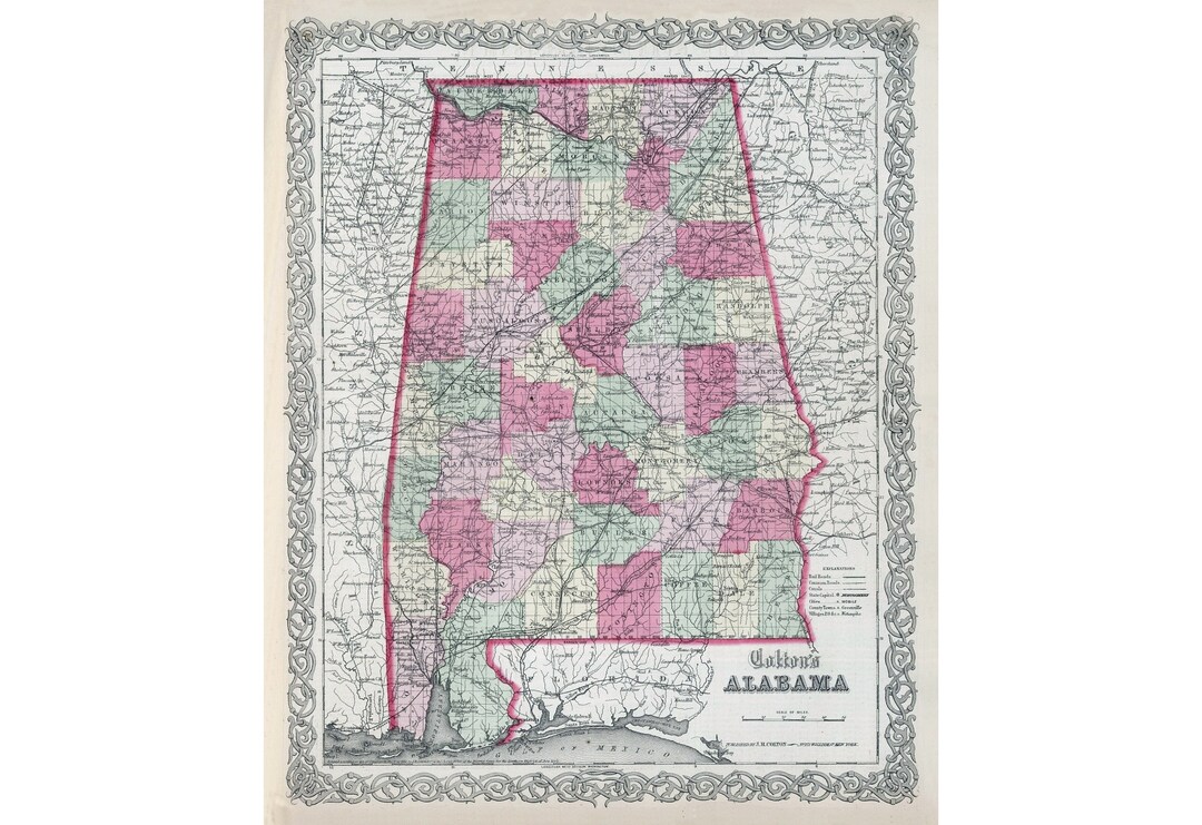 ALABAMA Vintage Map, PRINTABLE Wall Art. Alabama Retro Art. Vintage ...