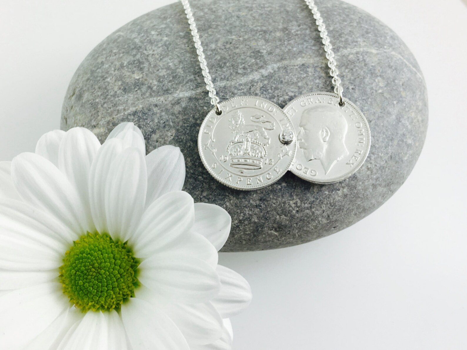 Silver Sixpence Double Coin Necklace, Stone Set, Lucky Sixpence or ...