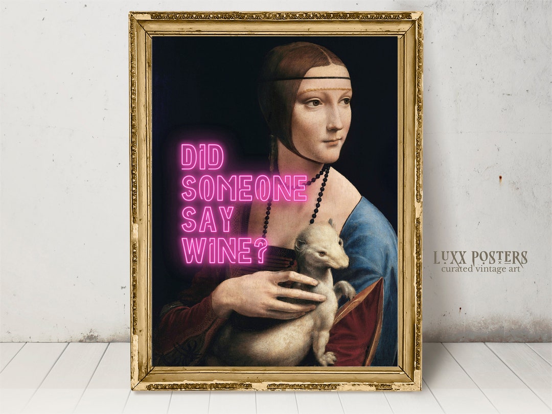 Lady With Ermine Neon Wine Art Print: Eclectic Bar Cart Decor (digital ...