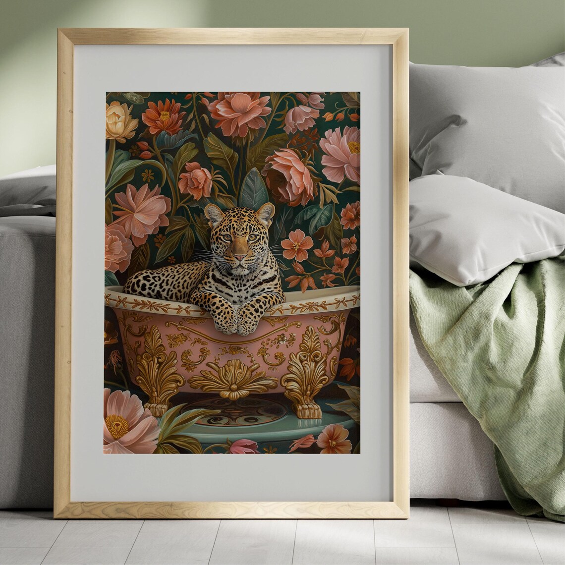 Leopard in Golden Tub Print: Maximalist Bathroom Wall Art (digital ...