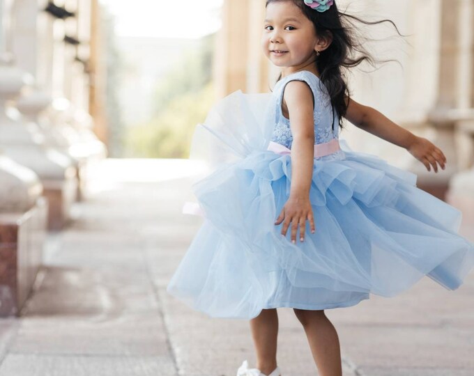 Girls Baby Blue Lace Tulle Party Dress, Sky Blue Party Dress, Flower Girl Dress, Girls Blue ...