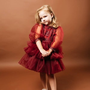 Burgundy Flower Girl Dress, Girls Lace Long Sleeves Party Dress, Girls ...