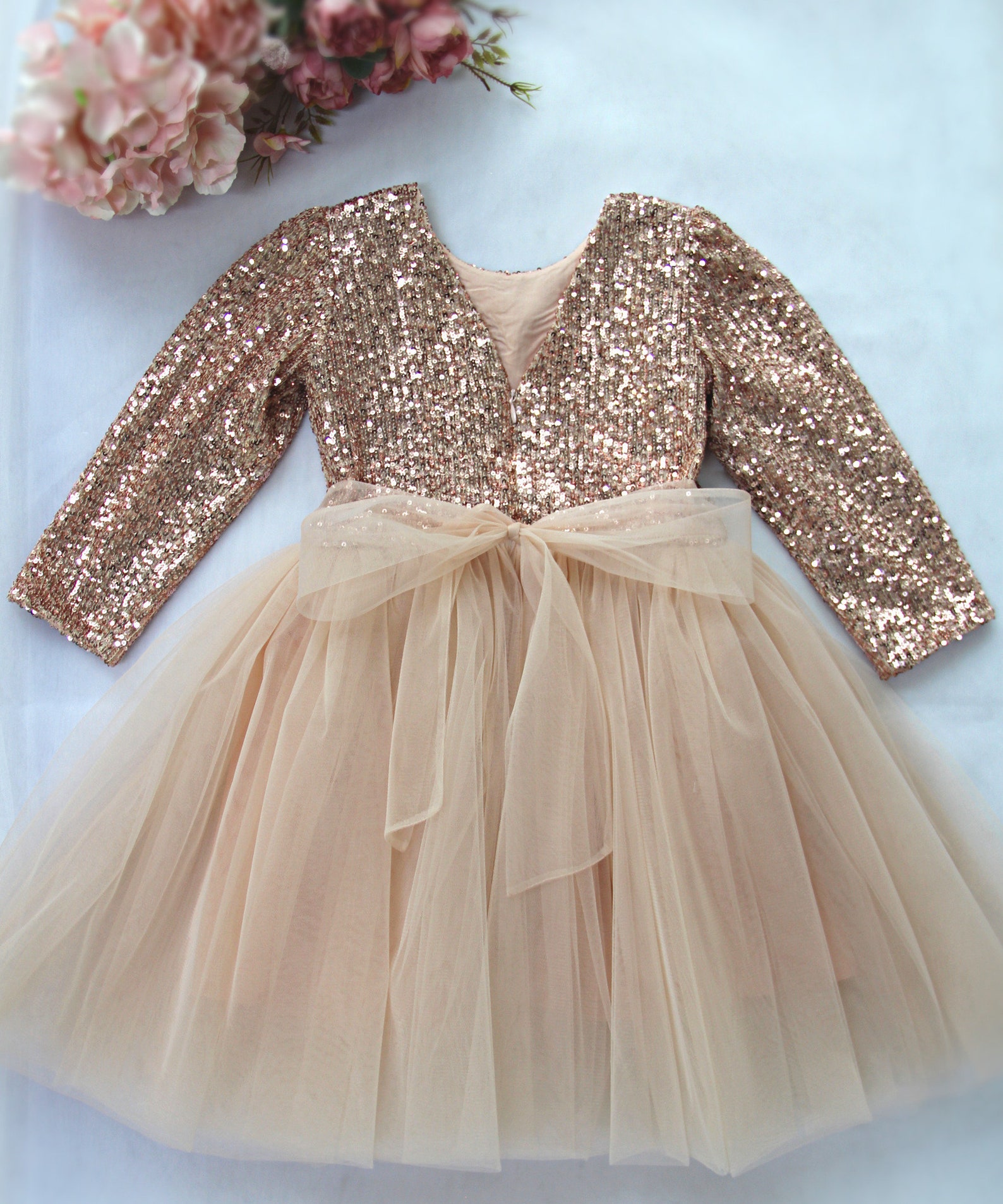 Girls Rose Gold Sequin Dress With Long Sleeves Flower Girl - Etsy