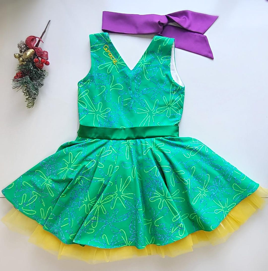 Disgust Inspired Girls Dress, Personalized Green Cotton Knit, Holiday ...