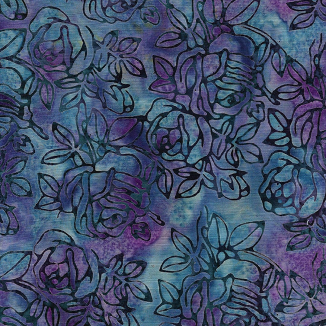 Poetic Bouquet Large Rose on Dark Blue and Purple Batik 112403875 From ...
