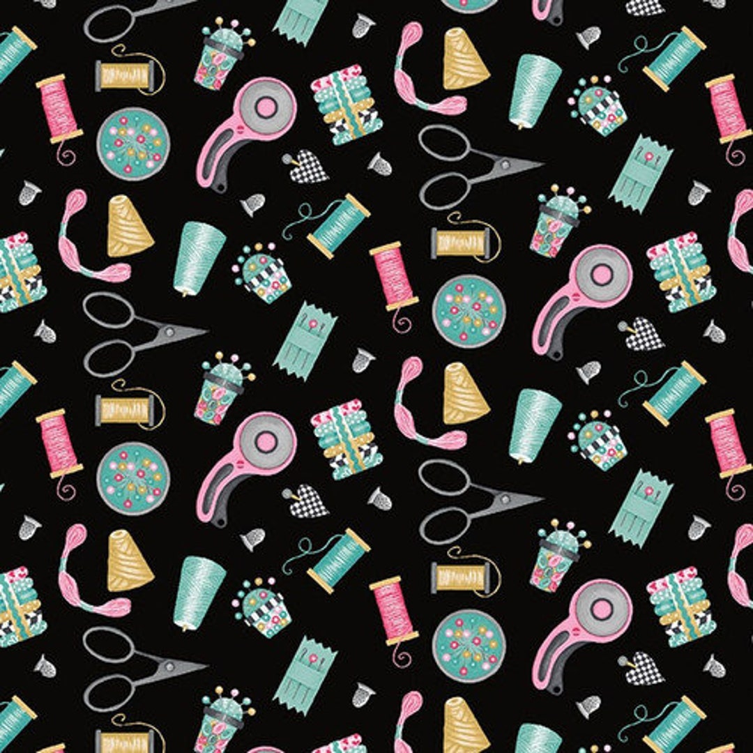 Sew, Sleep, Repeat Tossed Sewing Tools on Black 1048-97 by Delphine ...