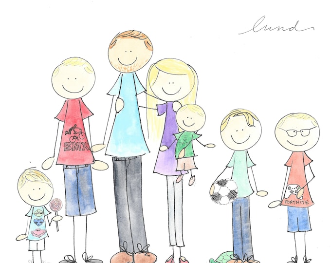 Personalized, Custom Family Stick Figure Portrait in Watercolor, Made ...