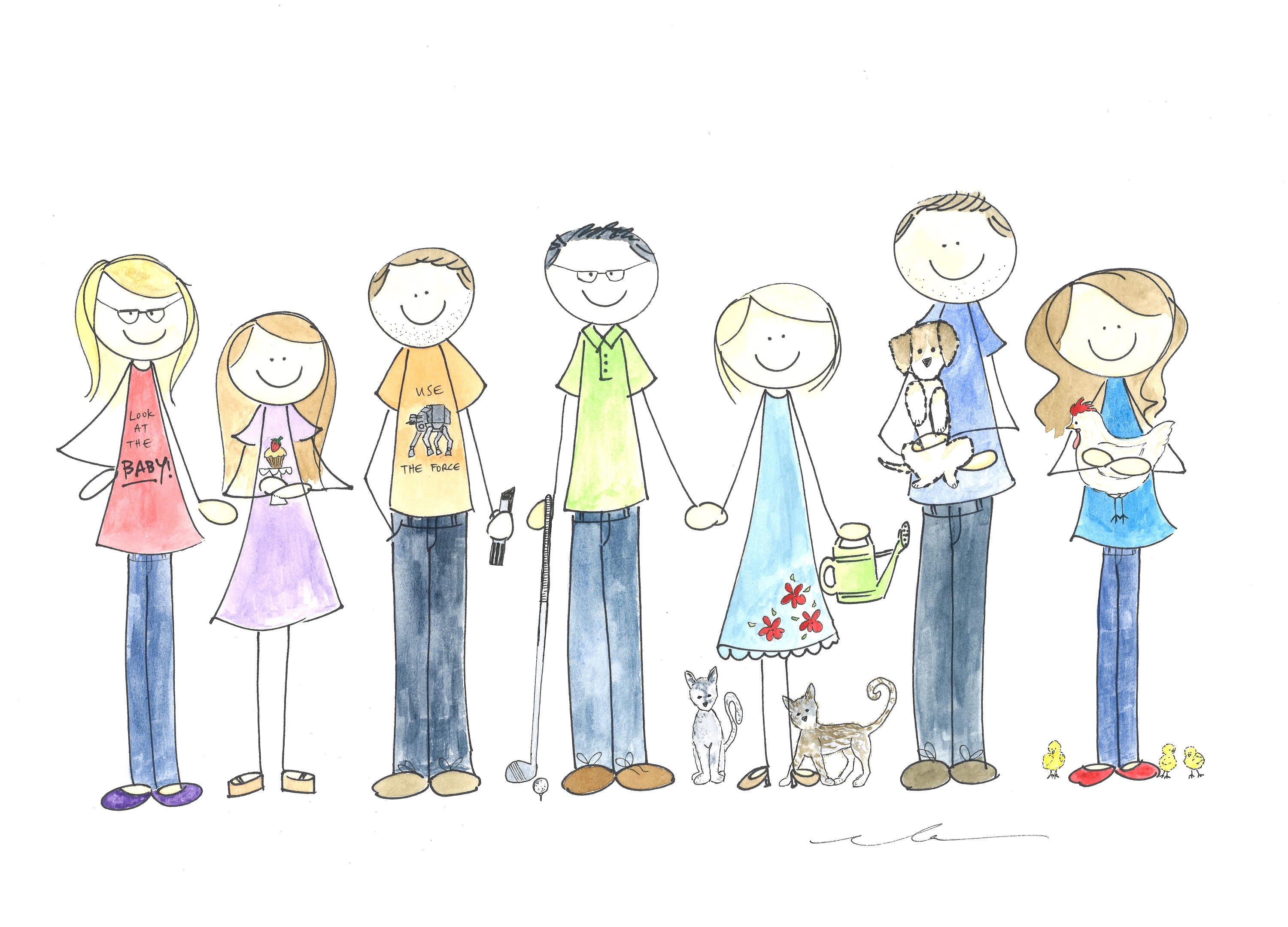 Personalized, Custom Family Stick Figure Portrait in Watercolor, Made ...