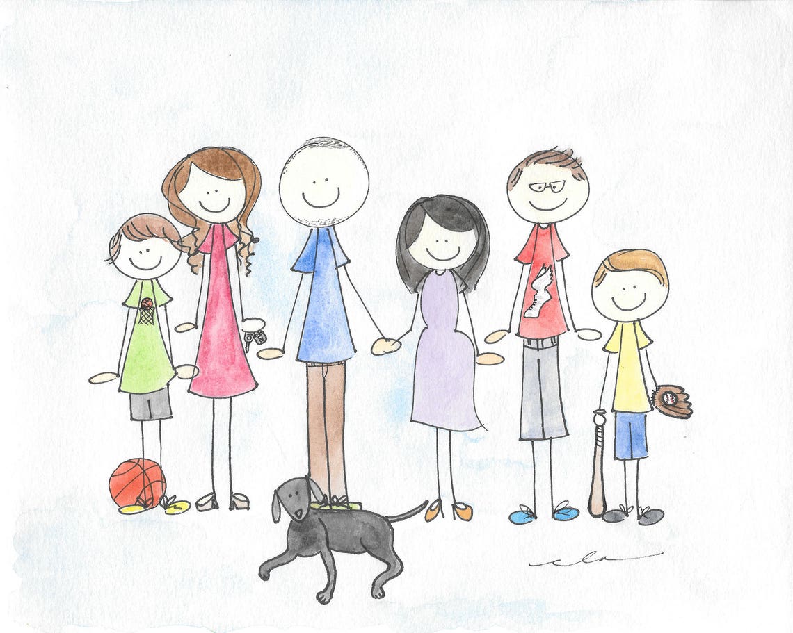 Personalized, Custom Family Stick Figure Portrait in Watercolor, Made ...